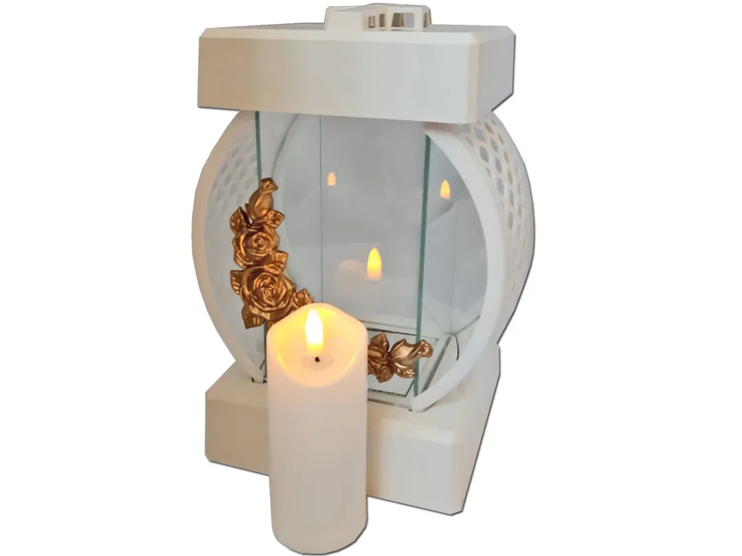 ZNICZ ZNICZE LAMPION NA GRÓB KOŁO RTN BIAŁY RÓŻA ZŁOTO+ŚWIECA LED ...